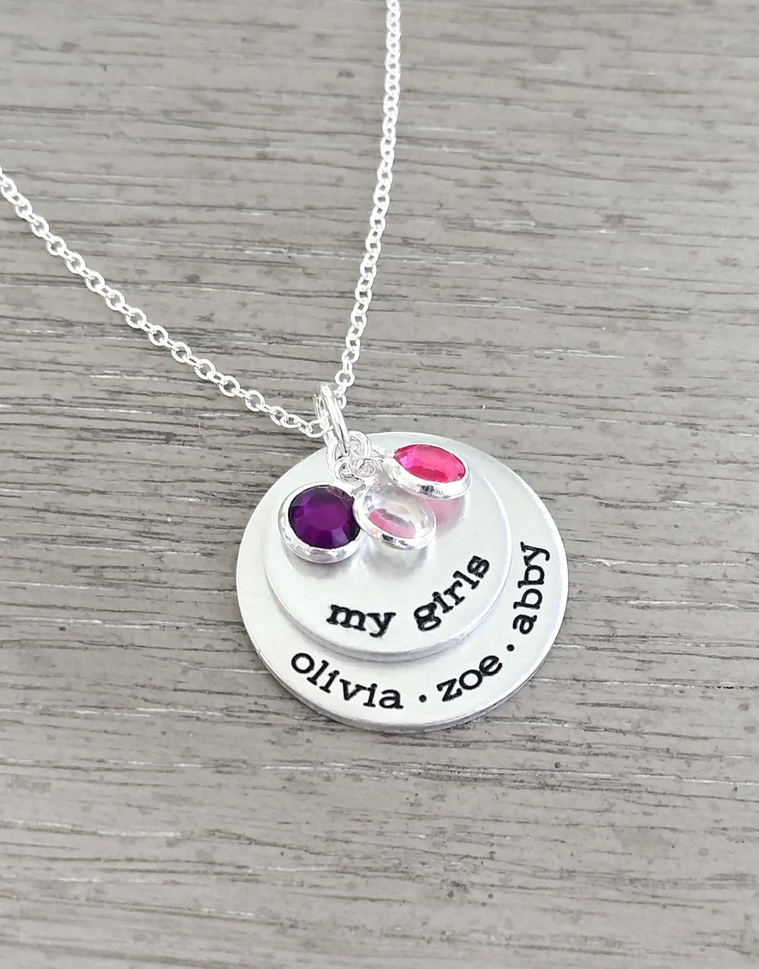 Personalized 'my Girls' Birthstone Necklace: Hand Stamped Mom Jewelry ...
