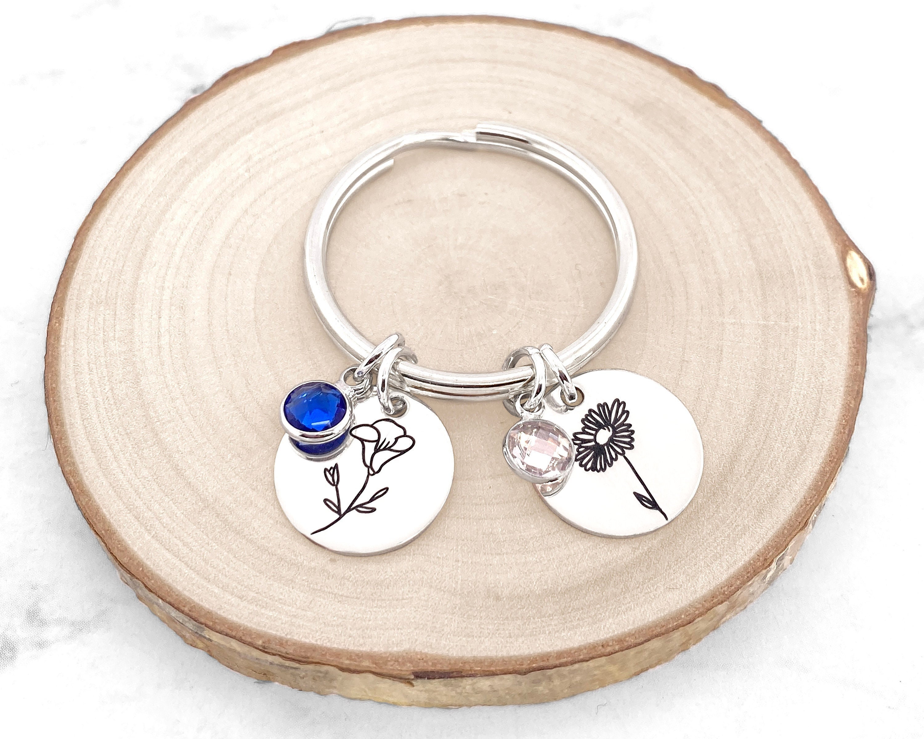Birth Flower Disc Keychain • Birth Month Flower Keychain • Birthstone ...