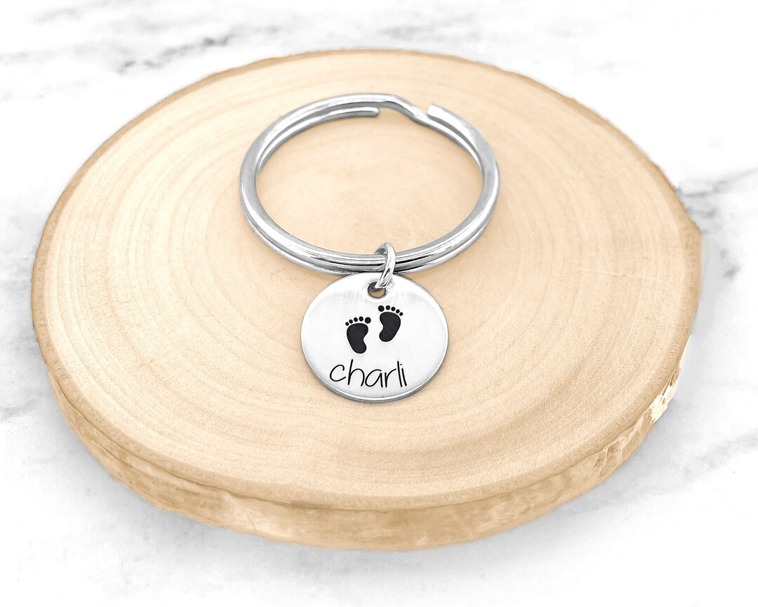 New Baby Keychain, Baby Name Keychain, Key Chain for New Mom, Baby Feet ...