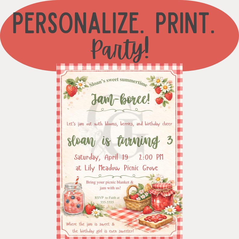 Strawberry Birthday Invitation, Berry Sweet Picnic Party Invite, Jam ...
