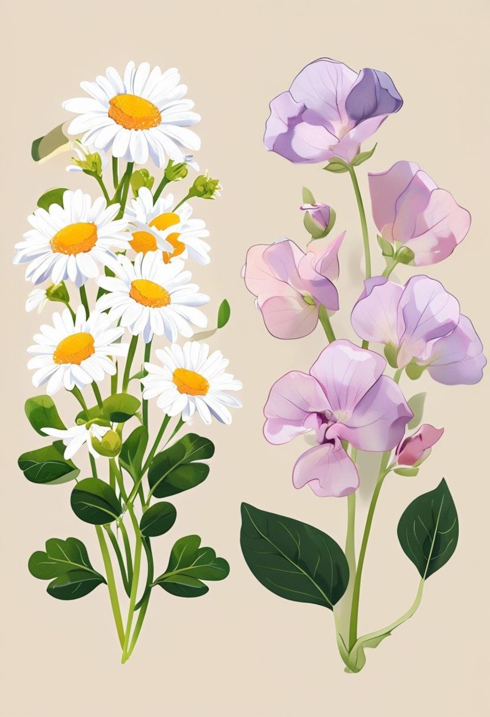 Daisy & Sweet Pea Floral Print | April Birth Flowers (digital Download ...