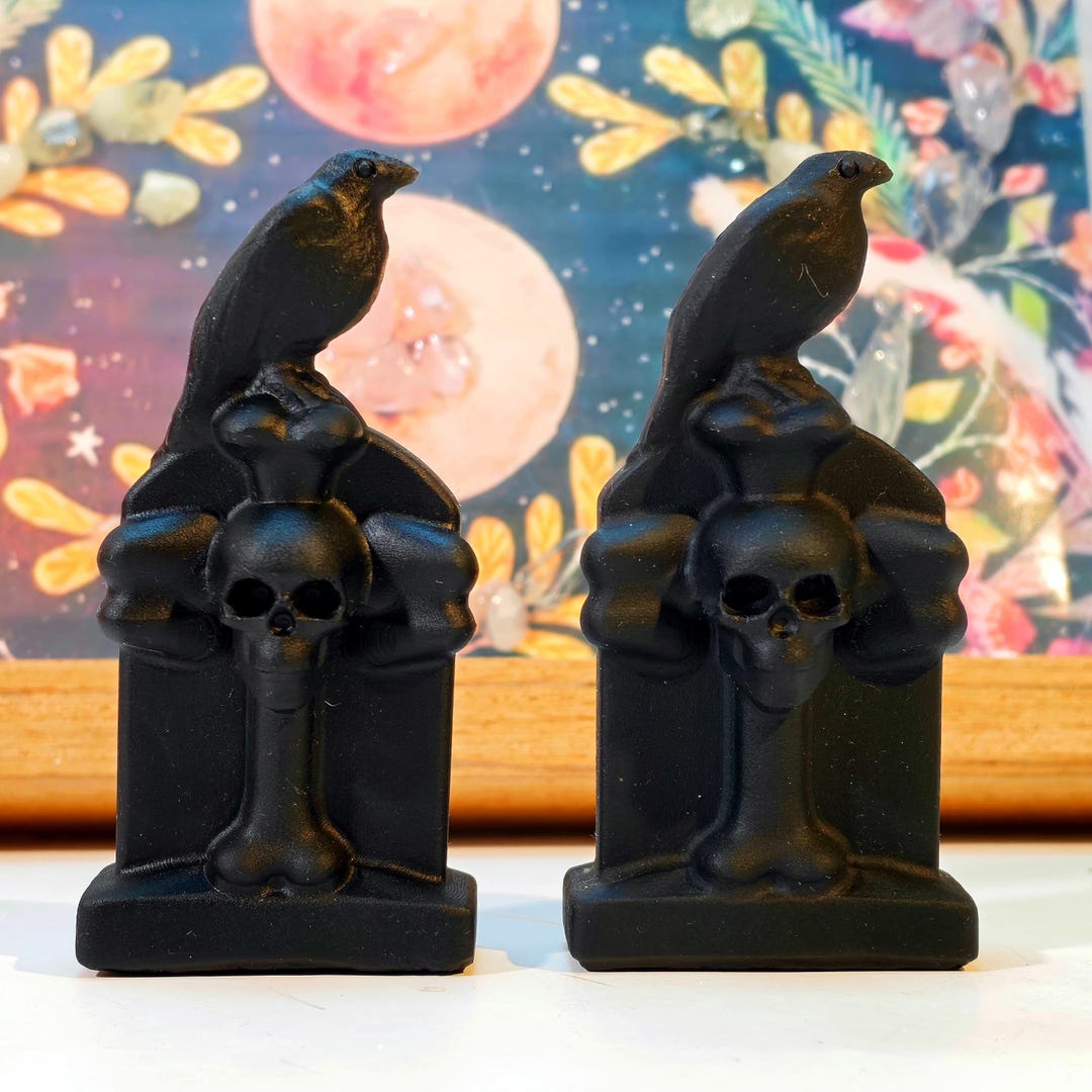 Hand Carved Obsidian Skull & Crow Tombstone, Gothic Altar Decor ...