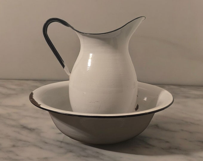 Antique Black Trimmed White Enamel Wash Basin and Pitcher LARGE - Etsy