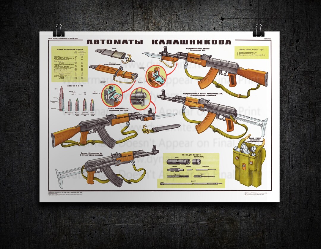 Soviet Russian Instructional Weapon Poster Kalashnikov Guns 7.62mm AK ...