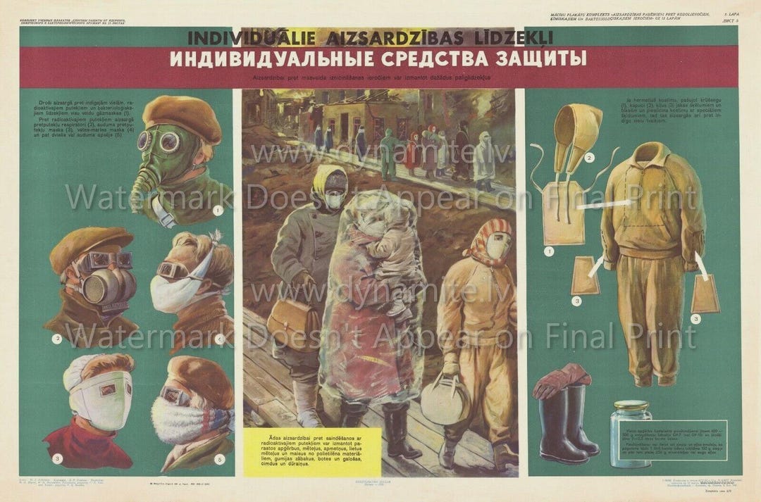 Soviet Civil Defense Educational Poster Respirators, Clothing ...
