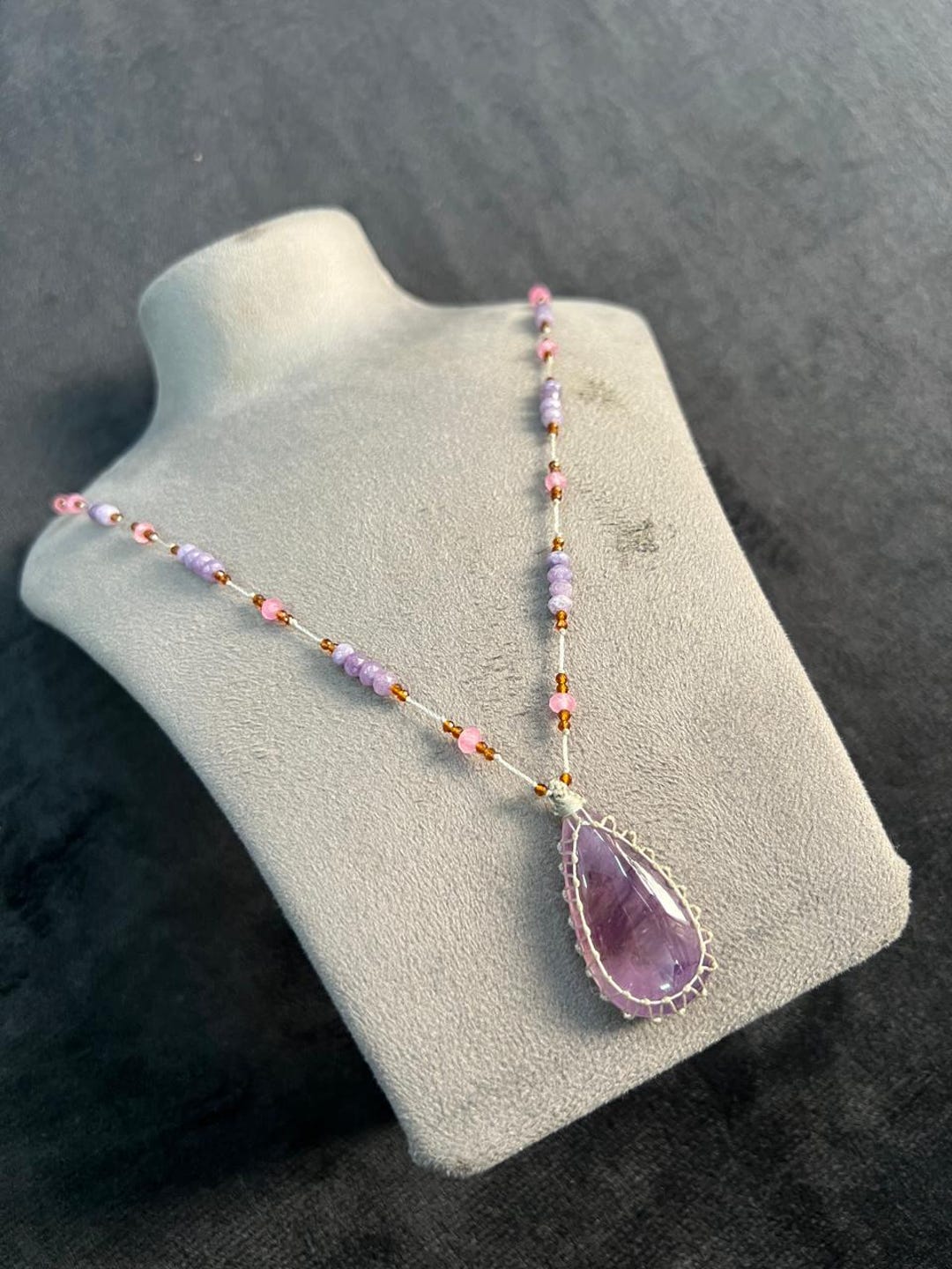 Micro Macrame Necklace With Amethyst Gemstones: Boho Thread Jewelry - Etsy