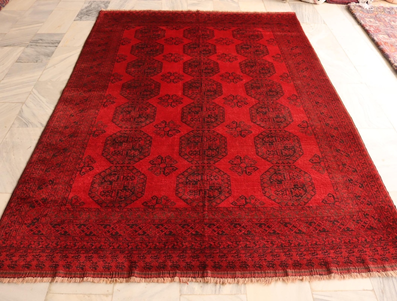 Vintage Afghan Elephant Foot Rug: 7x10 Red Turkmen Wool Rug - Etsy