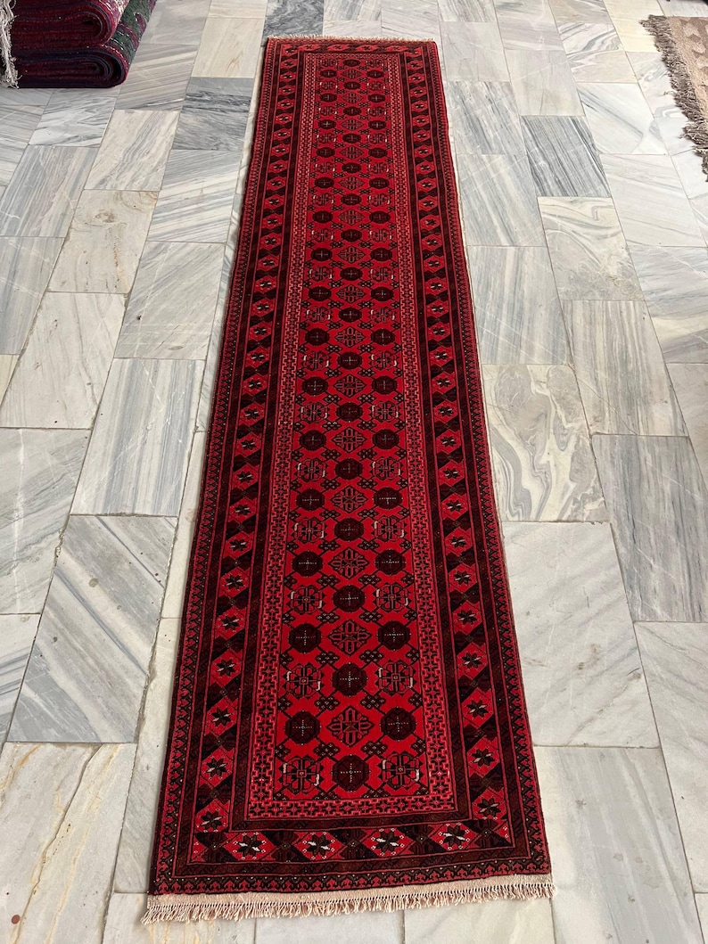 3x12 Ft Red Vintage Afghan Handmade Runner Rug, Hallway Bukhara Design ...