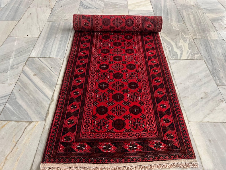 3x12 Ft Red Vintage Afghan Handmade Runner Rug, Hallway Bukhara Design ...