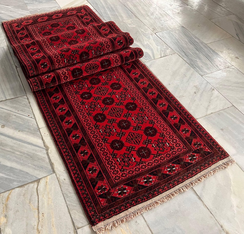 3x12 Ft Red Vintage Afghan Handmade Runner Rug, Hallway Bukhara Design ...