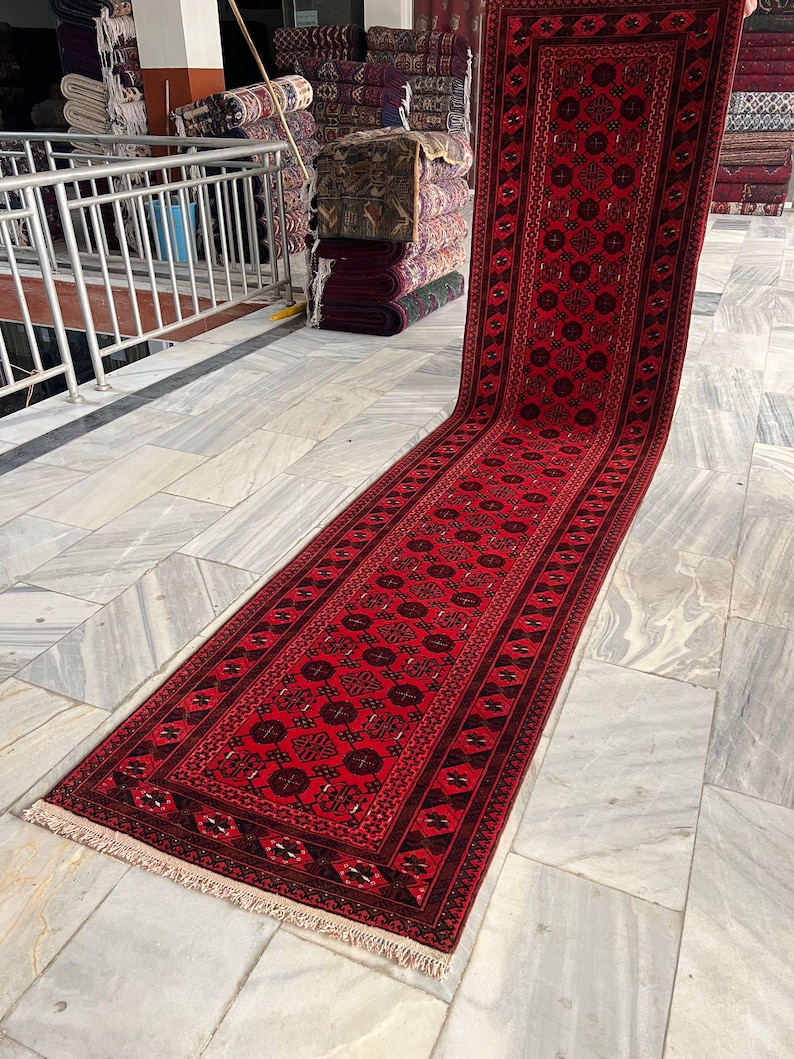 3x12 Ft Red Vintage Afghan Handmade Runner Rug, Hallway Bukhara Design ...