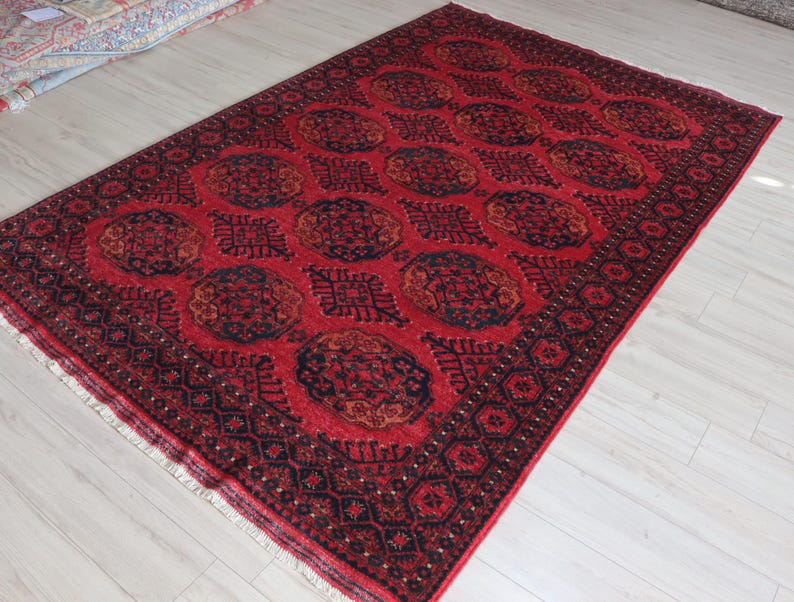 7x10 Ft Red Ersari Tekke Rug, Afghan Hand-knotted Wool Rug, Turkmen ...