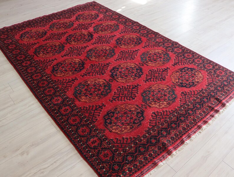 7x10 Ft Red Ersari Tekke Rug, Afghan Hand-knotted Wool Rug, Turkmen ...
