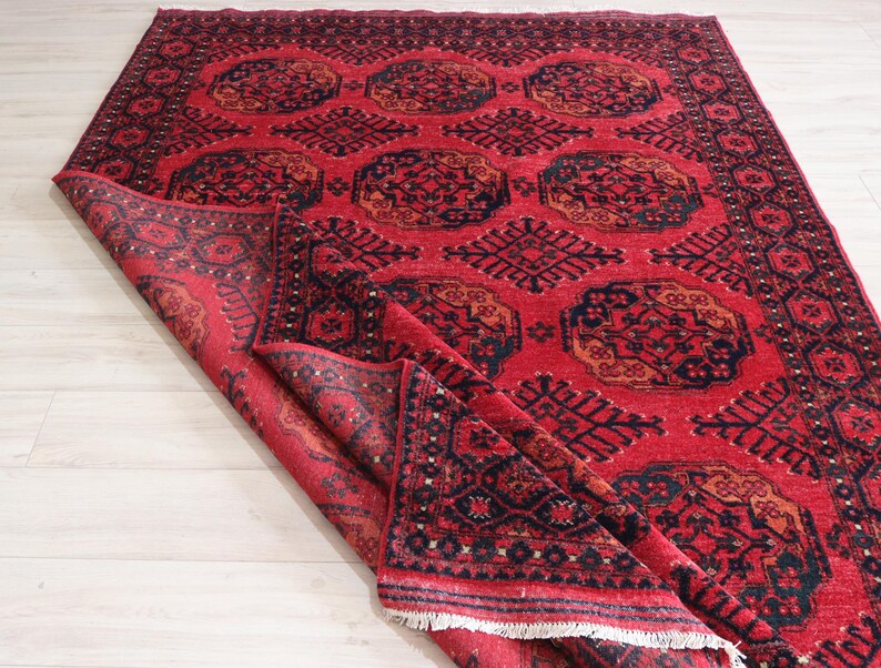 7x10 Ft Red Ersari Tekke Rug, Afghan Hand-knotted Wool Rug, Turkmen ...