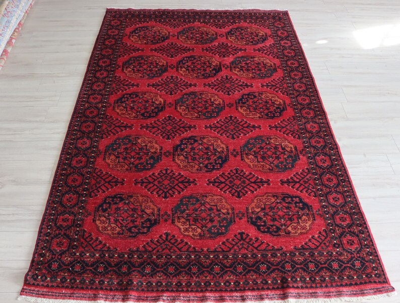7x10 Ft Red Ersari Tekke Rug, Afghan Hand-knotted Wool Rug, Turkmen ...