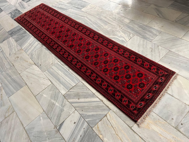 3x12 Ft Red Vintage Afghan Handmade Runner Rug, Hallway Bukhara Design ...