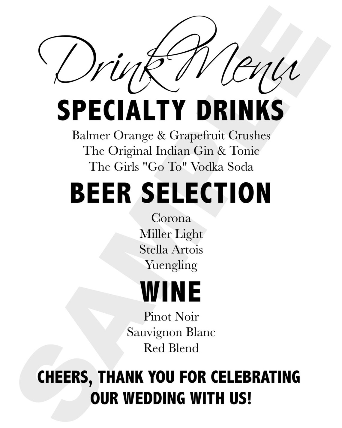 Wedding Drink Menu Sign for Wedding Reception or Engagement - Etsy