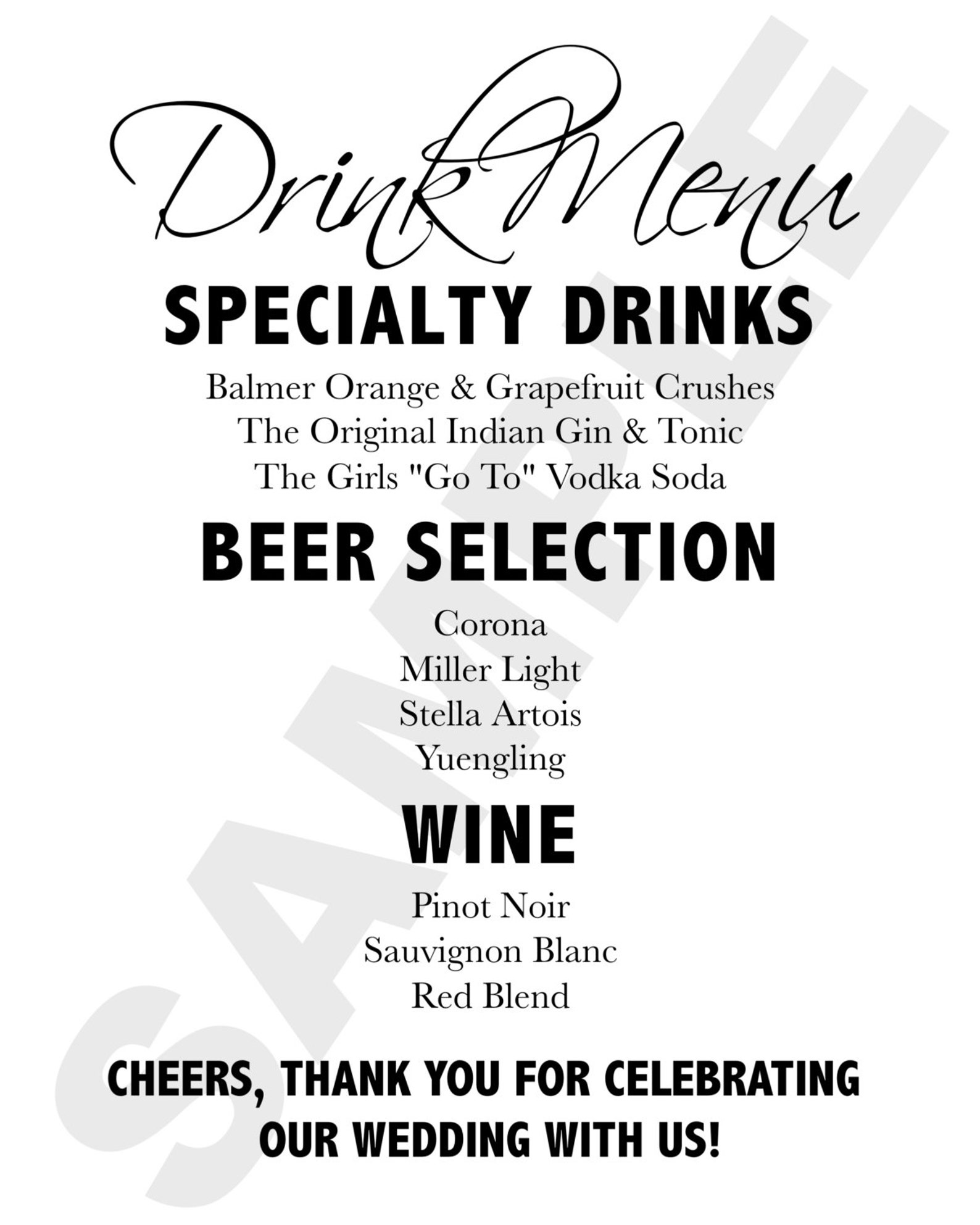 Wedding Drink Menu Sign for Wedding Reception or Engagement - Etsy