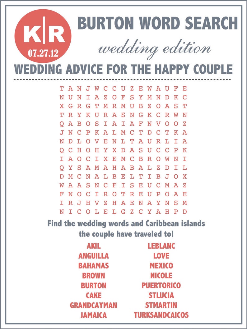 Wedding Day Word Search Custom Designed Wedding Word Search | Etsy