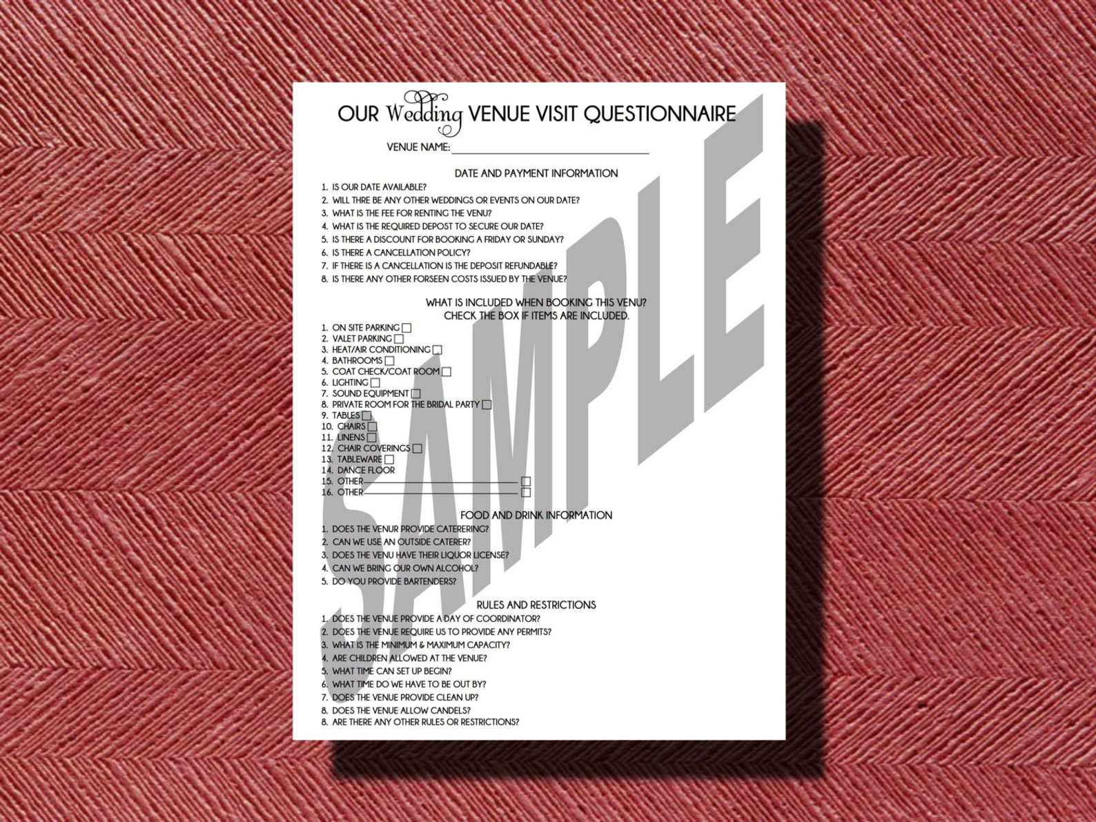 Printable Wedding Planning Venue Visit Questionnaire Sheet - Etsy