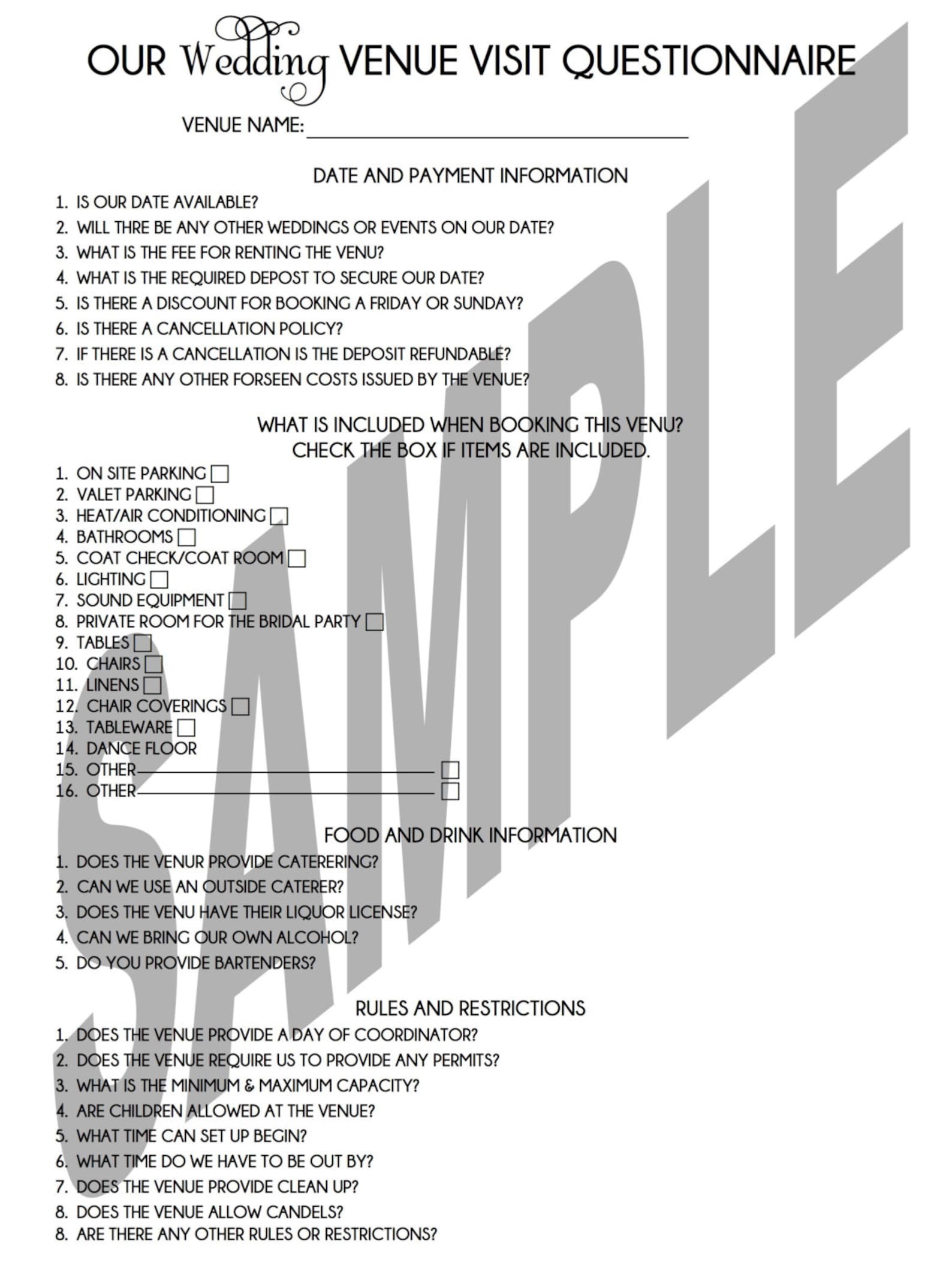 Printable Wedding Planning Venue Visit Questionnaire Sheet - Etsy