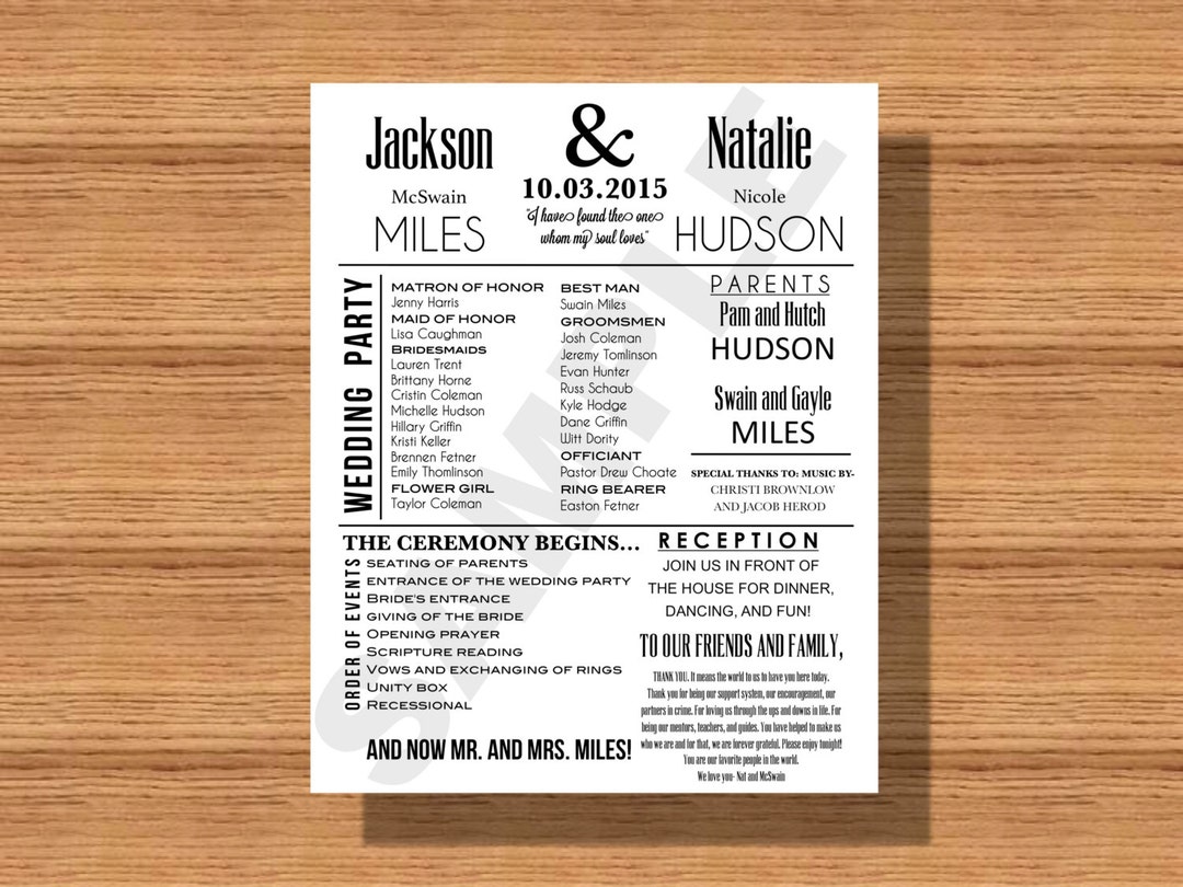 Modern Wedding Program With Thank You Note Bridal Party - Etsy