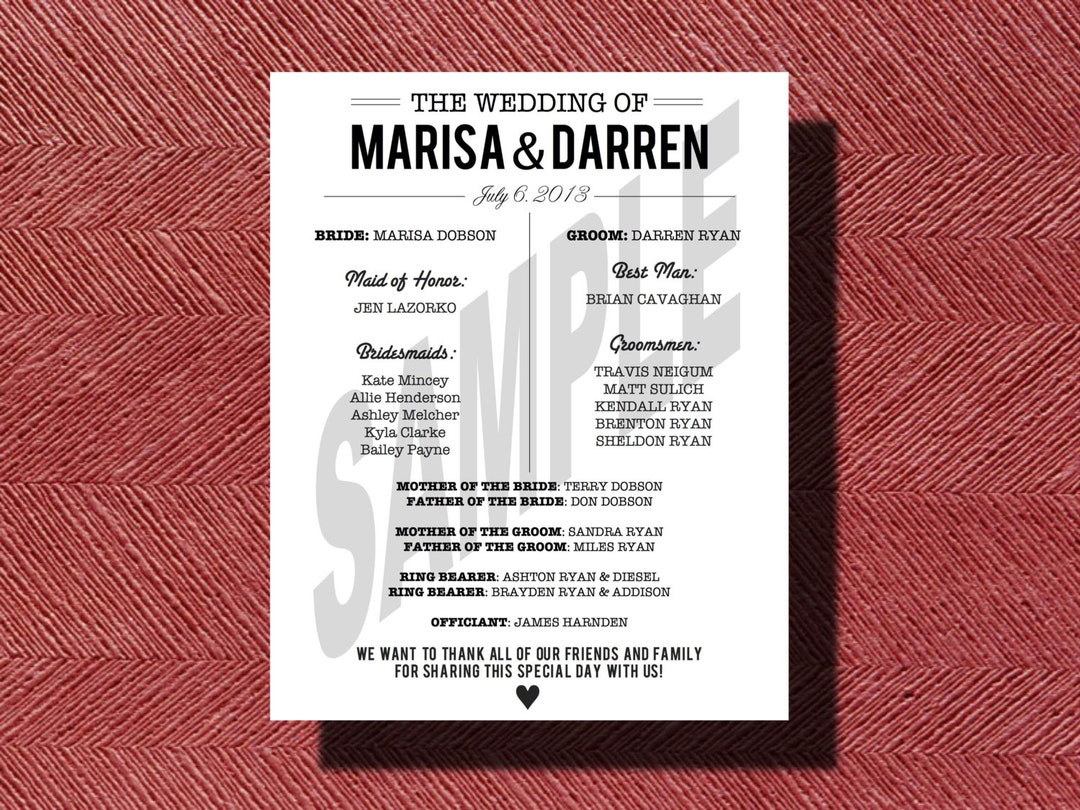 Custom Designed Wedding Program, Wedding Reception Program, Printable ...