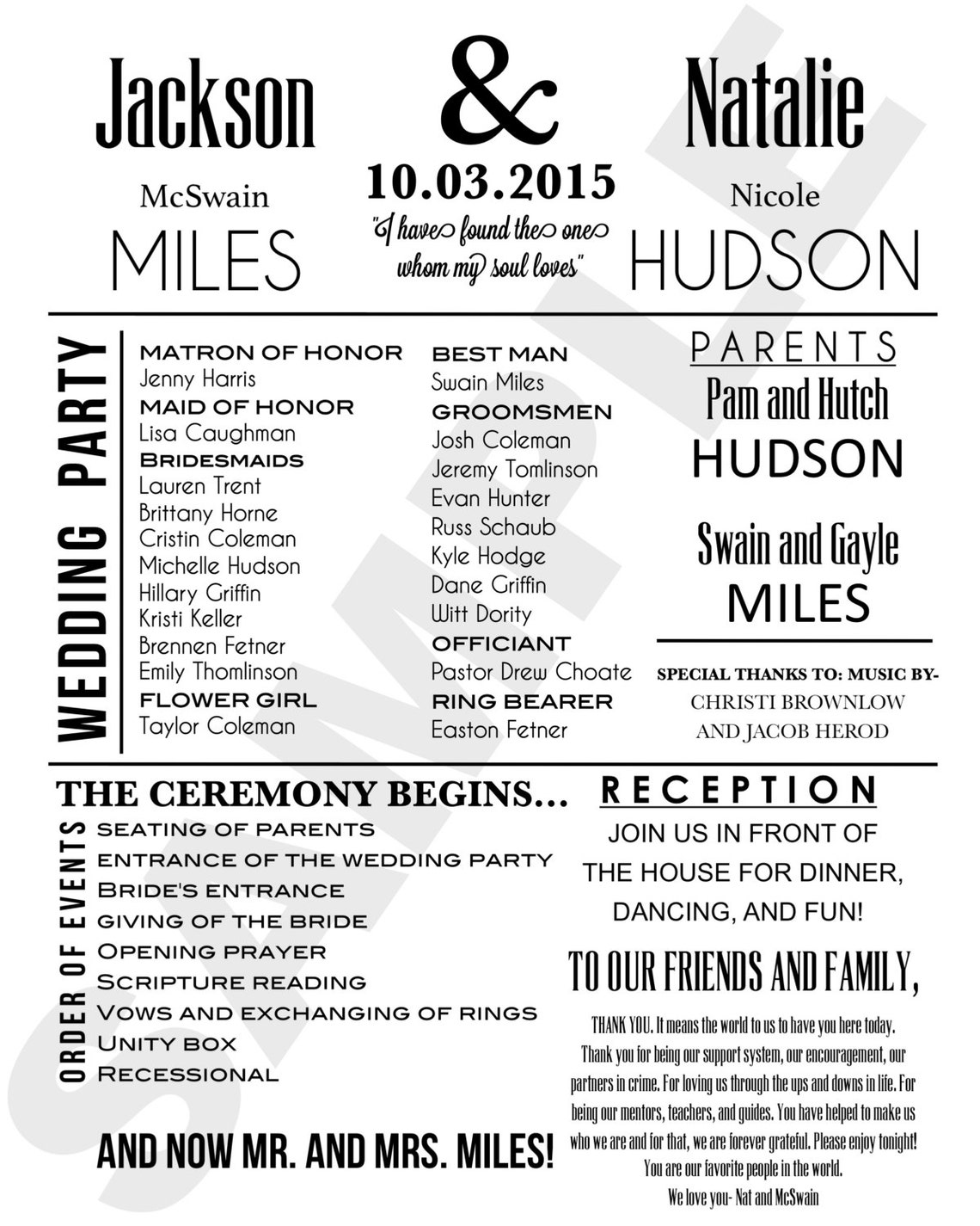 Modern Wedding Program With Thank You Note Bridal Party - Etsy