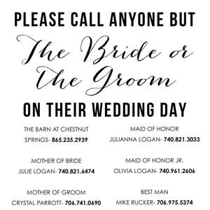 Wedding Day Contact Sheet, Please Call Anyone but the Couple on Their ...