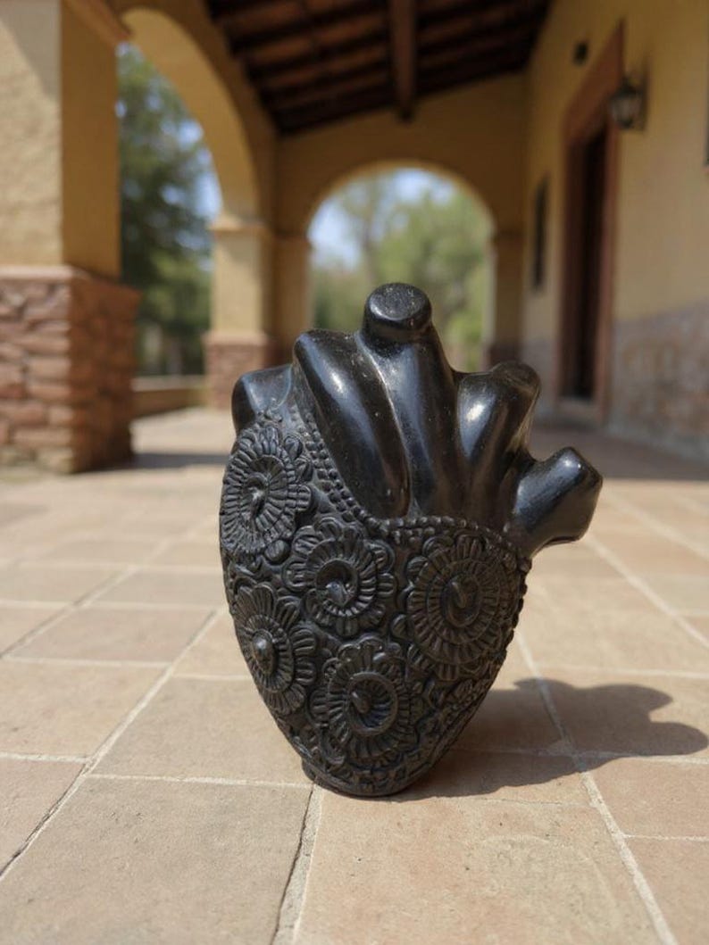 Hand-carved Barro Negro Sacred Heart | Oaxacan Black Clay Art ...