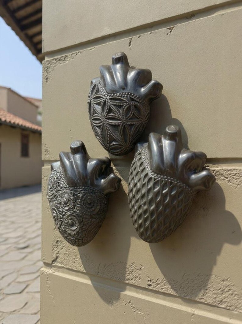 Hand-carved Barro Negro Sacred Heart | Oaxacan Black Clay Art ...