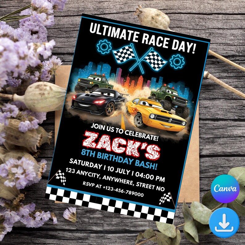Cars Birthday Invitation, Race Cars Kids Invitation, Hot Car Party ...