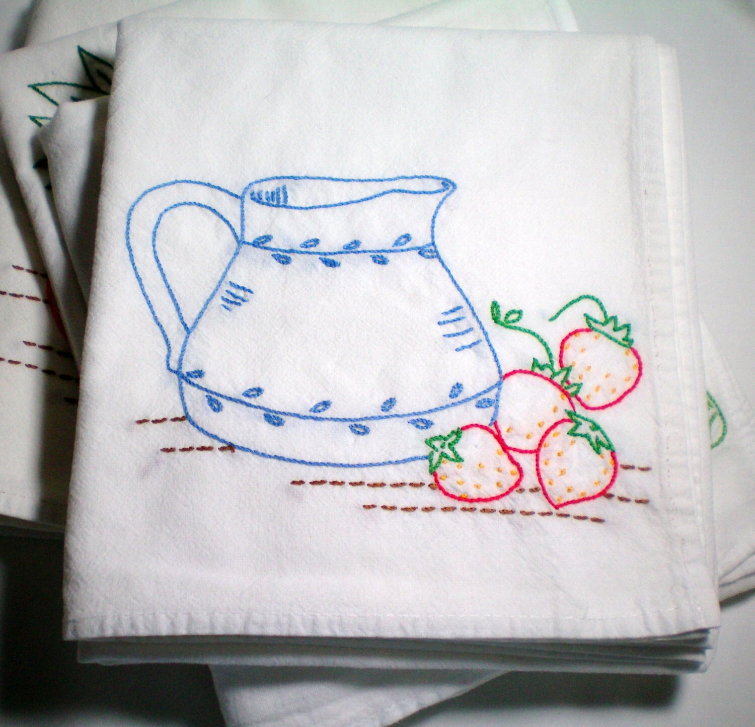 Embroidered Dish Towel Strawberries and Cream hand embroidered | Etsy