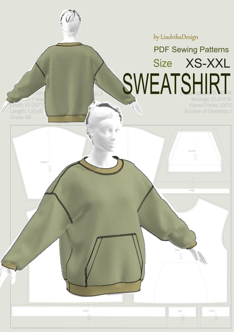 Oversized Hoodie Sewing Pattern PDF: Women's Loose Fit Sweatshirt (XS ...