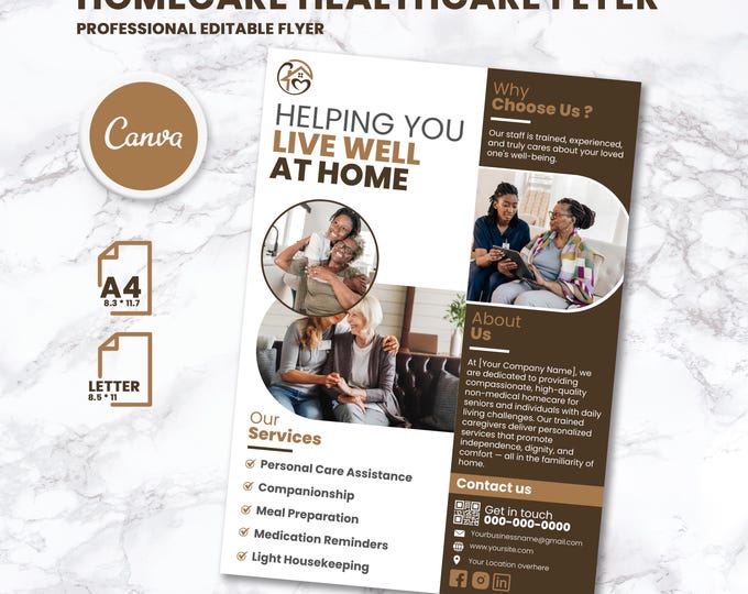 Editable Homecare Flyer Template: Senior Care Canva Design (digital ...