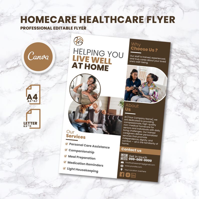 Editable Homecare Flyer Template: Senior Care Canva Design (digital ...