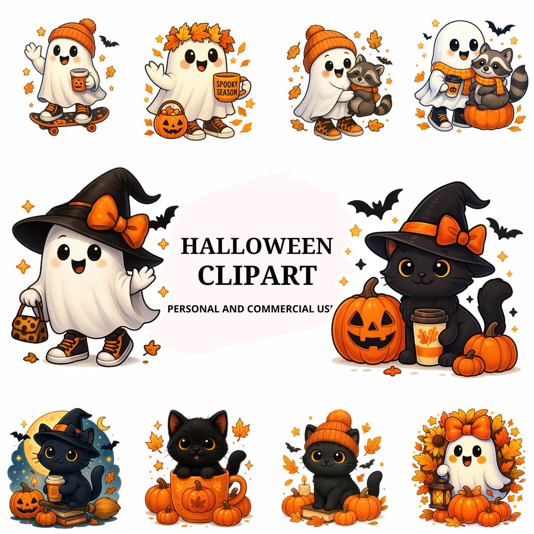 Halloween Ghouls Clipart PNG, Cute Cat Sticker, Spooky Ghost PNG ...