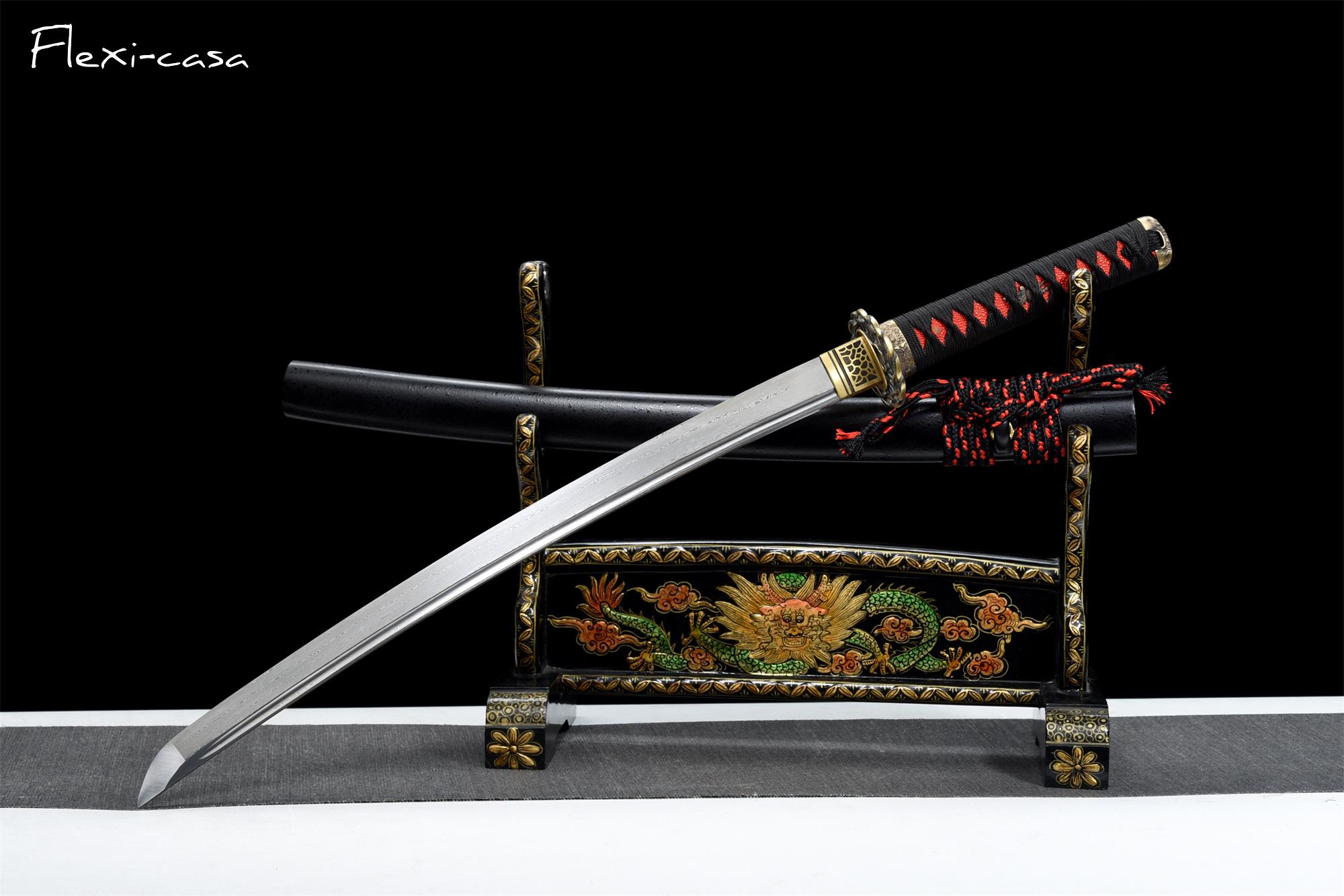 Handmade Short Katana – Damascus Steel, Painted Wooden Scabbard ...
