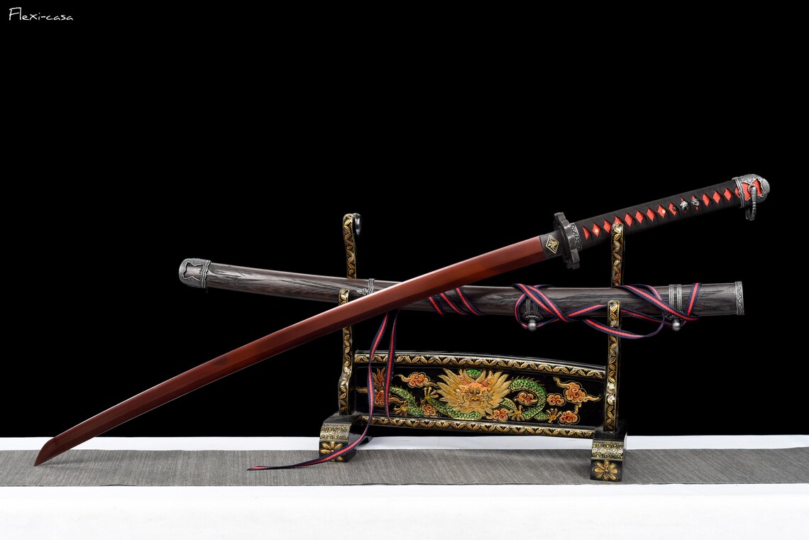 Hand-forged Red Blade Katana With Aged Rosewood Scabbard – High ...