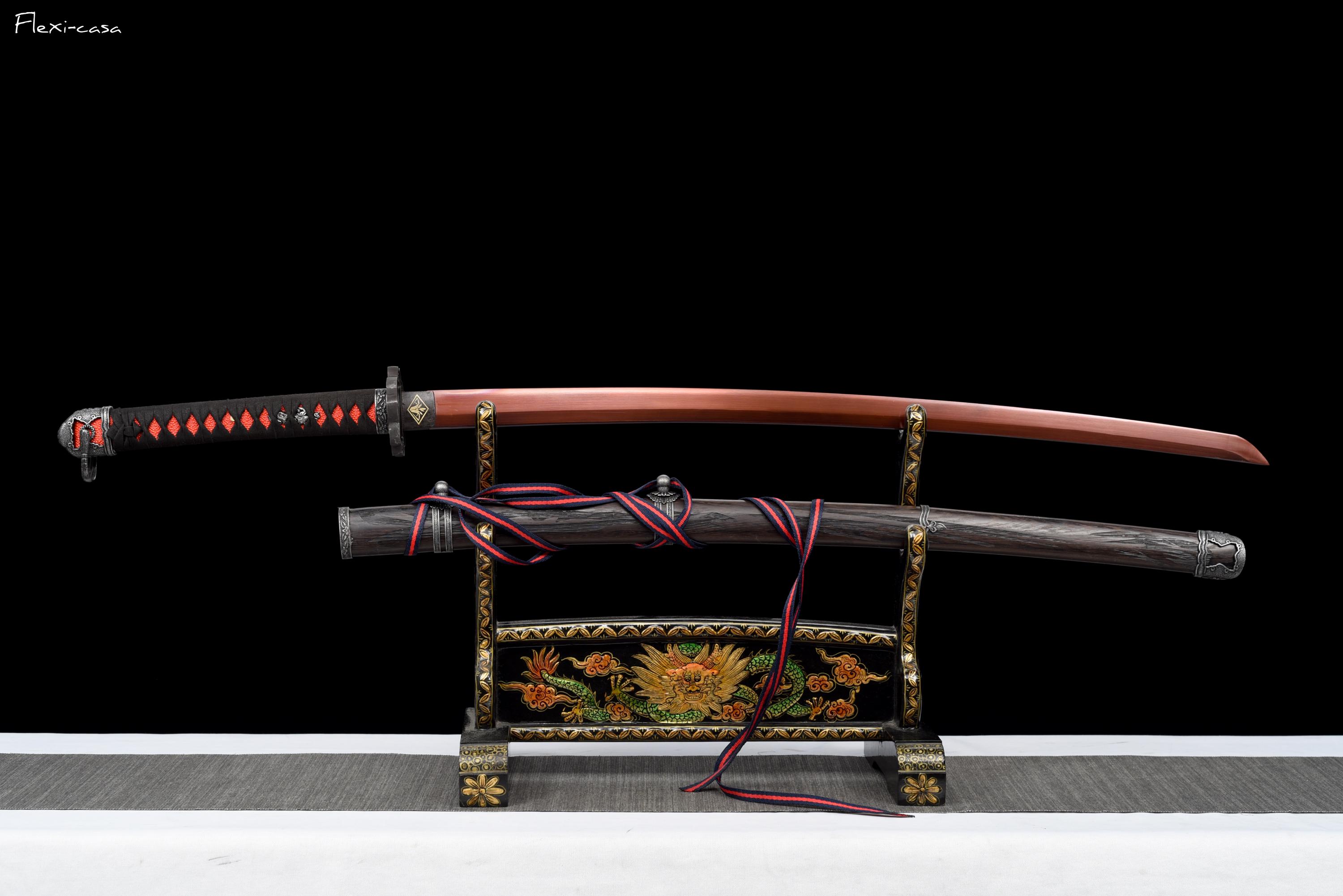 Hand-forged Red Blade Katana With Aged Rosewood Scabbard – High ...