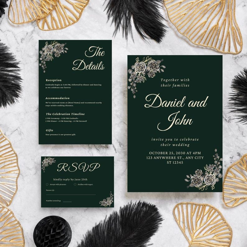 Editable Elegant Wedding Invitation Template | Dark Green & Gold Floral ...