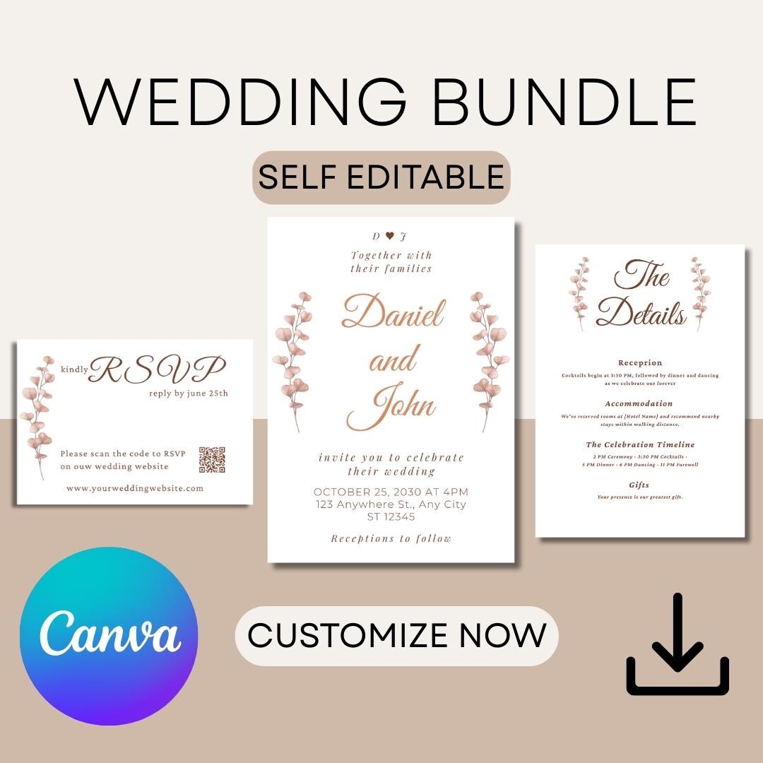 Self Editable Terracotta Wedding Invitation Bundle, Modern Boho Invite ...