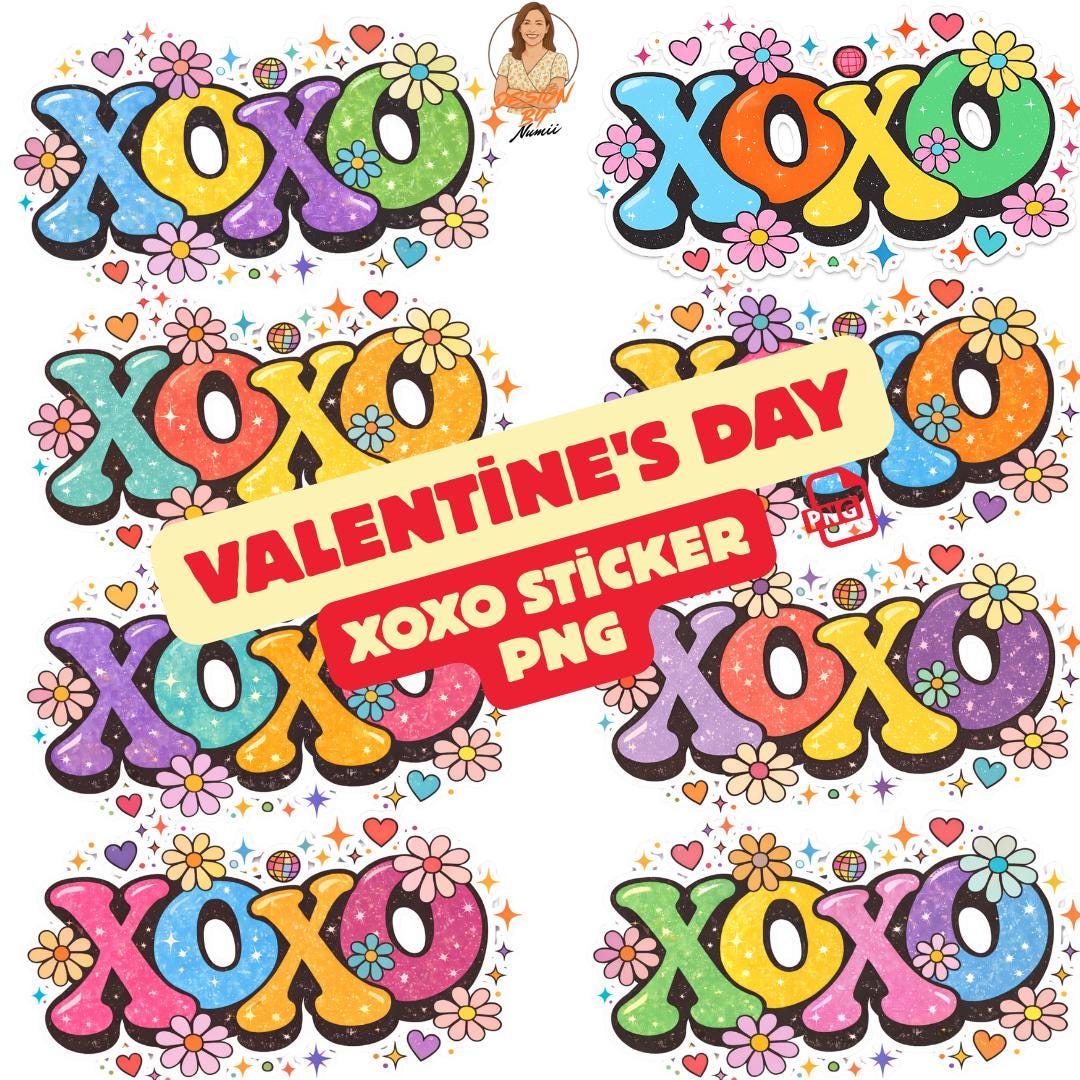 8 Valentine's Day XOXO Sticker PNG | Groovy Hugs and Kisses Decal ...