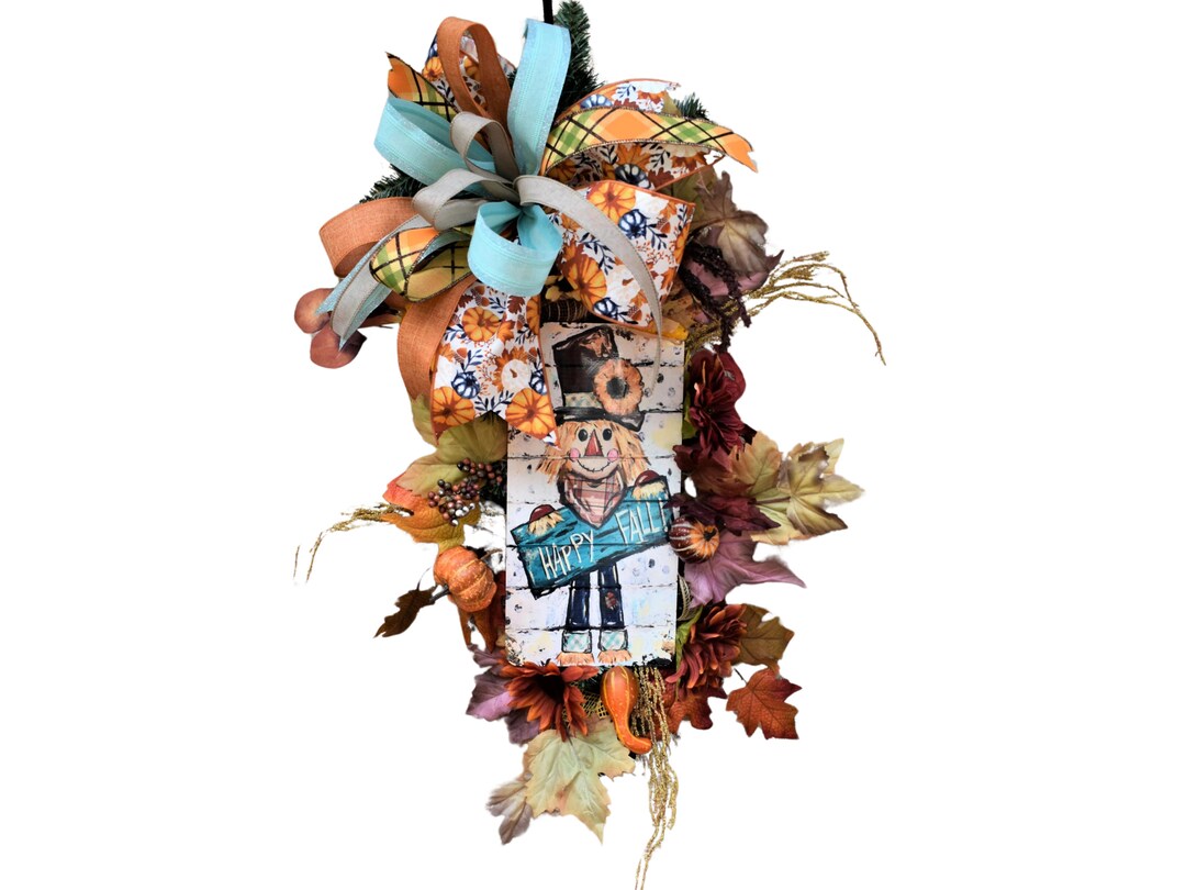 Happy Fall Scarecrow Swag Wreath Festive Autumn Door Decor Pumpkin ...
