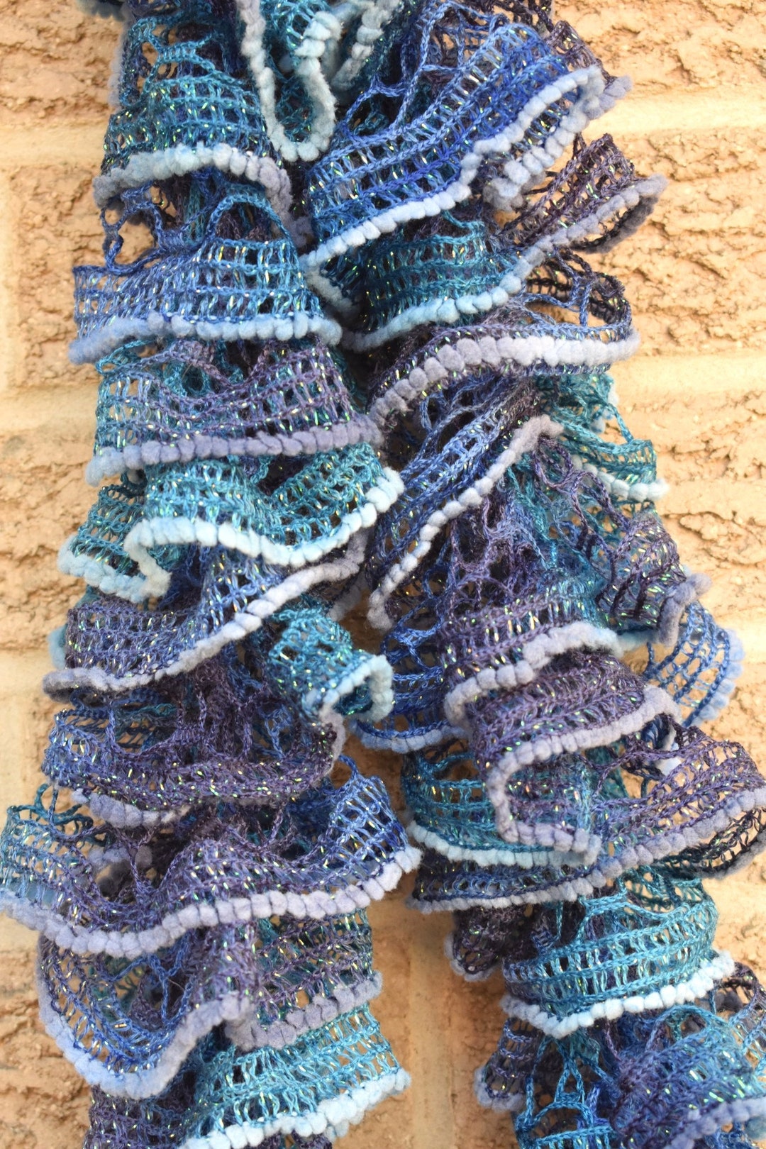 Crochet Ruffle Scarf Two Tone Blue Accessory Scarf Seasonal Accessory ...