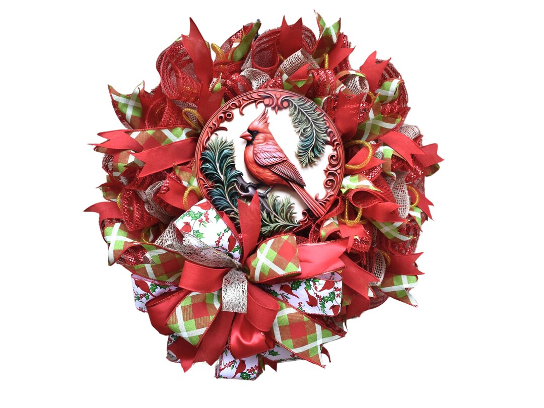 Festive Red Cardinal Christmas Wreath Holiday Front Door Décor Mesh ...