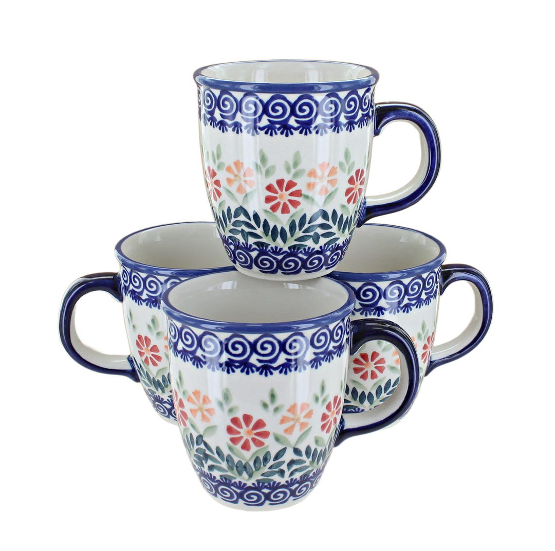 Handmade Polish Pottery Mug Set: 8 Oz Stoneware Garden Bouquet - Etsy