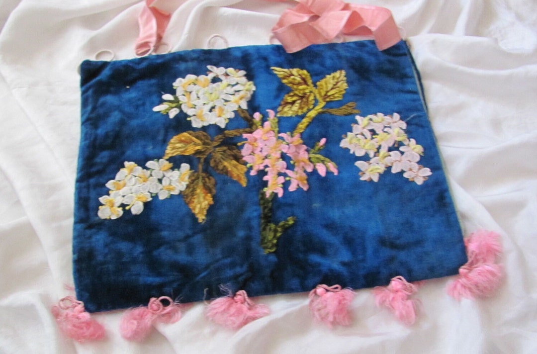 Vintage Blue Silk and Velvet Embroidered Ribbonwork Tassles Hoops What ...