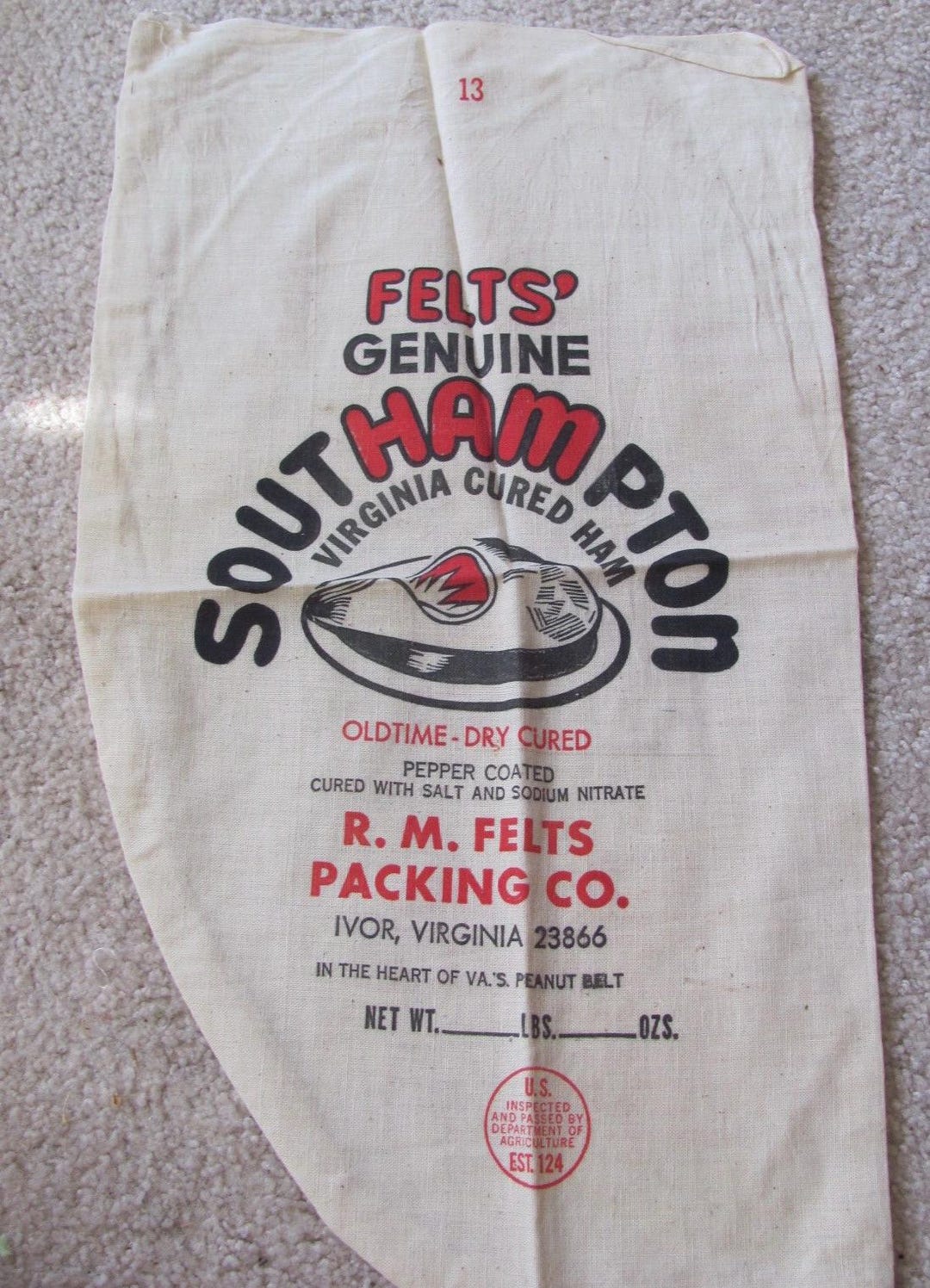 Vintage Felt's Genuine Sounthampton Cured Ham Sack Bag Cloth Virginia ...