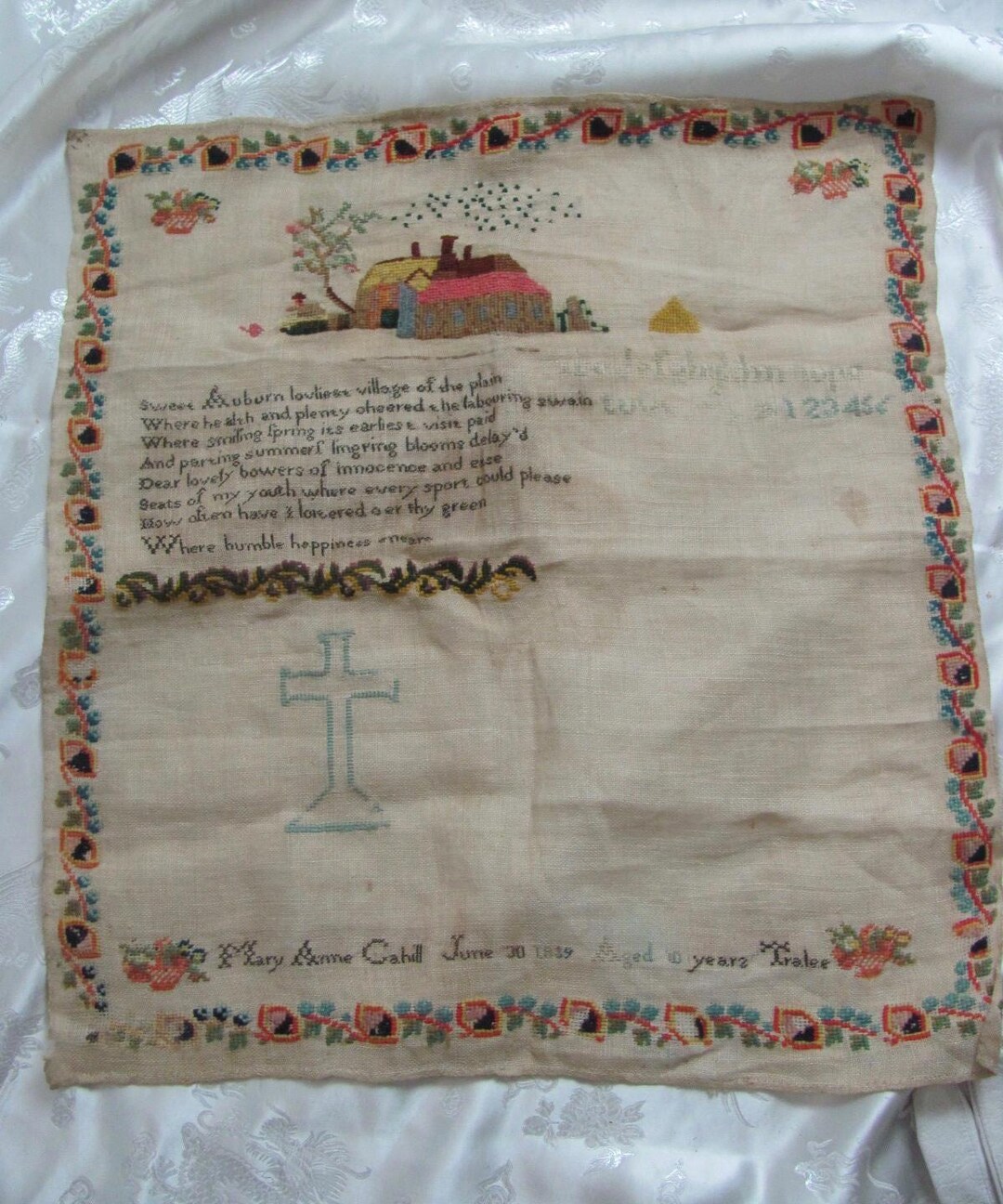 Antique Hand Stitched Sampler Dated 1839 Mary Anne Cahill Auburn Poem ...